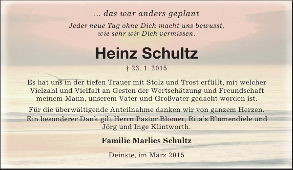 Heinz Schultz : Danksagung : Stader Tageblatt