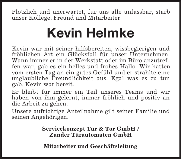 Kevin Helmke: Nachruf : Stader Tageblatt
