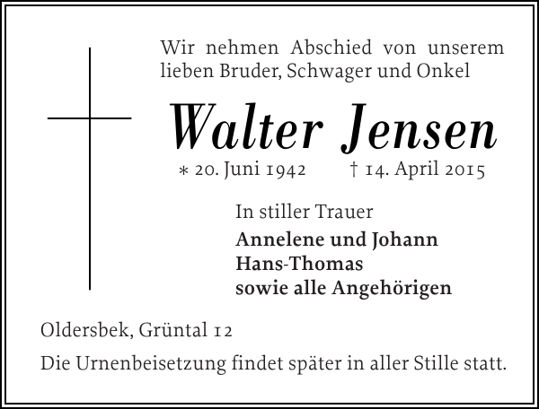 Walter Jensen : Traueranzeige : Husumer Nachrichten