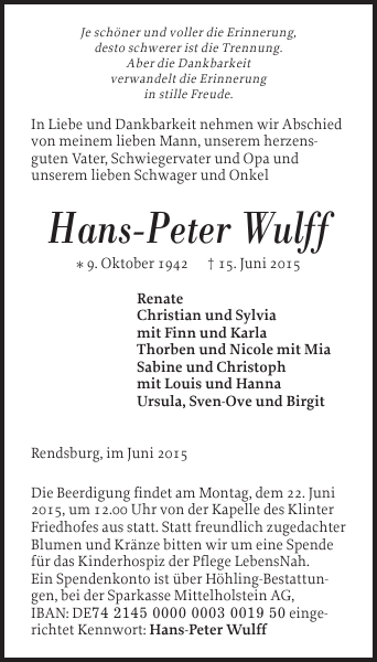 Hans-Peter Wulff : Traueranzeige : Landeszeitung