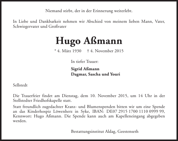 Hugo Aßmann: Gedenken : Nordsee-Zeitung