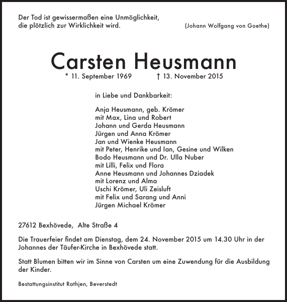 Carsten Heusmann: Gedenken : Nordsee-Zeitung