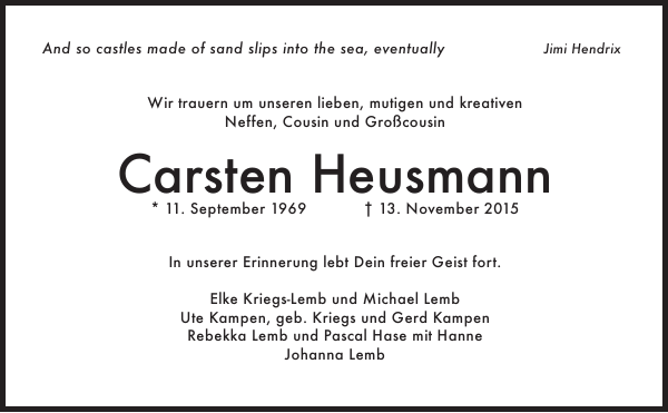 Carsten Heusmann: Gedenken : Nordsee-Zeitung