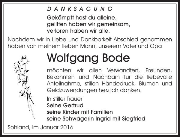 Wolfgang Bode : Danksagung : Sächsische Zeitung