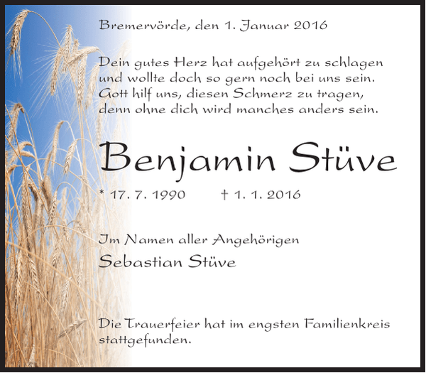 Benjamin Stüve: Traueranzeige : Bremervörder Zeitung