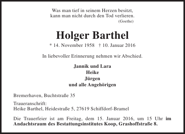 Holger Barthel: Gedenken : Nordsee-Zeitung