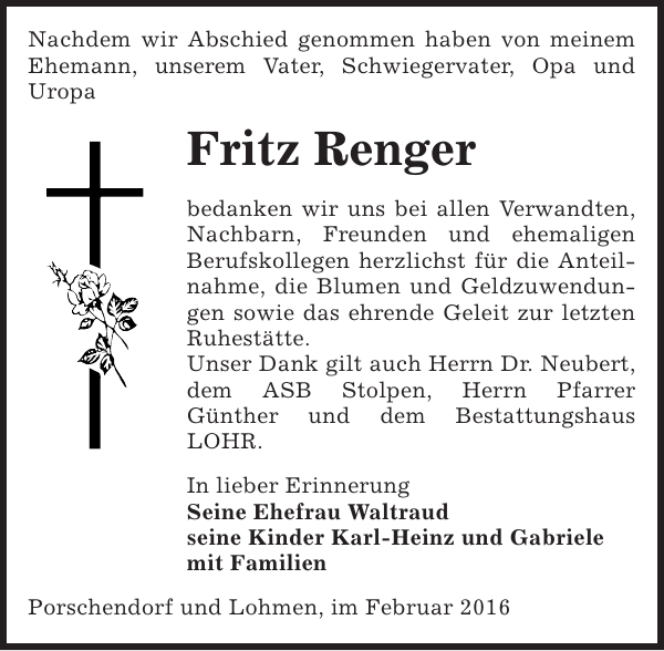 Fritz Renger : Danksagung : Sächsische Zeitung