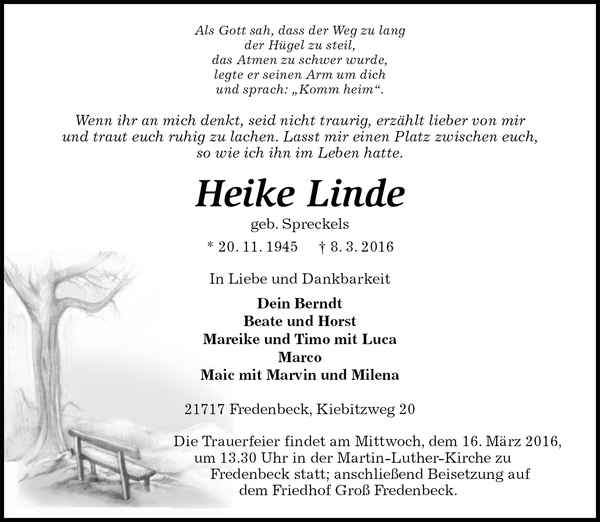 Heike Linde: Traueranzeige : Stader Tageblatt