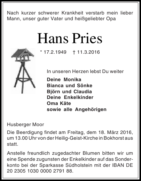 Hans Pries : Gedenken : Holsteinischer Courier