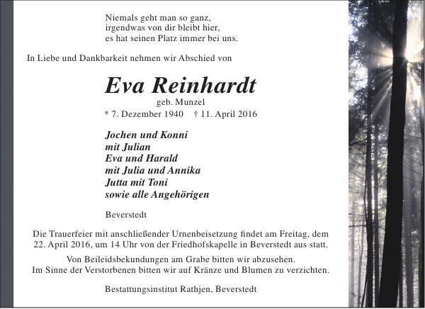 Eva Reinhardt: Gedenken : Nordsee-Zeitung
