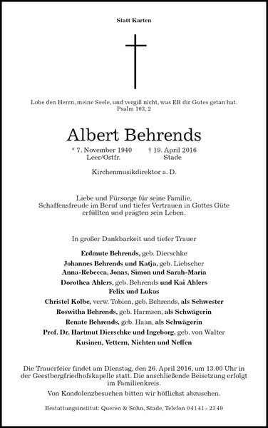 Albert Behrends: Traueranzeige : Stader Tageblatt