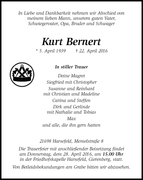 Kurt Bernert: Traueranzeige : Stader Tageblatt