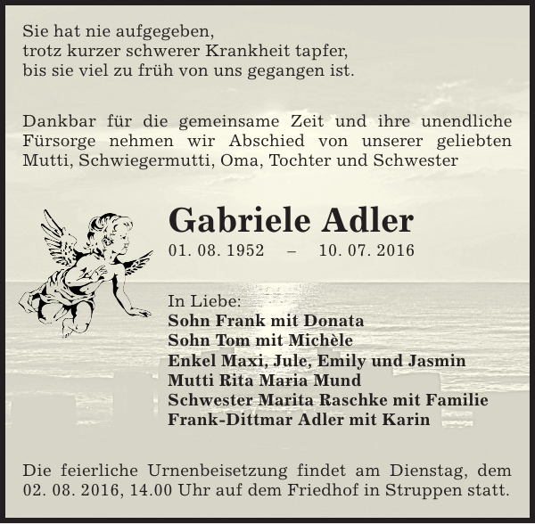 Gabriele Adler : Traueranzeige : Sächsische Zeitung