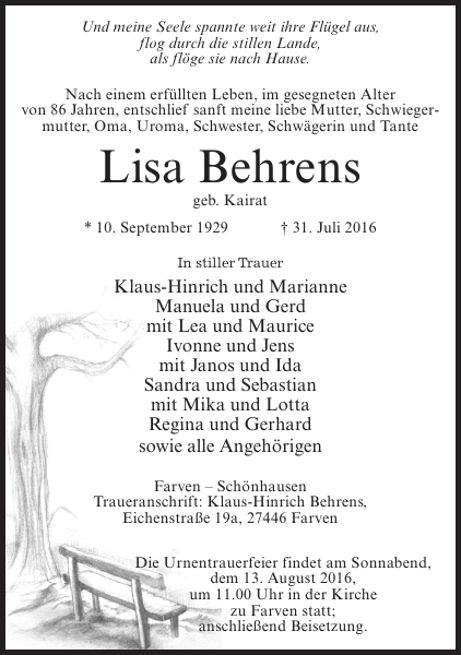 Lisa Behrens : Traueranzeige : Bremervörder Zeitung
