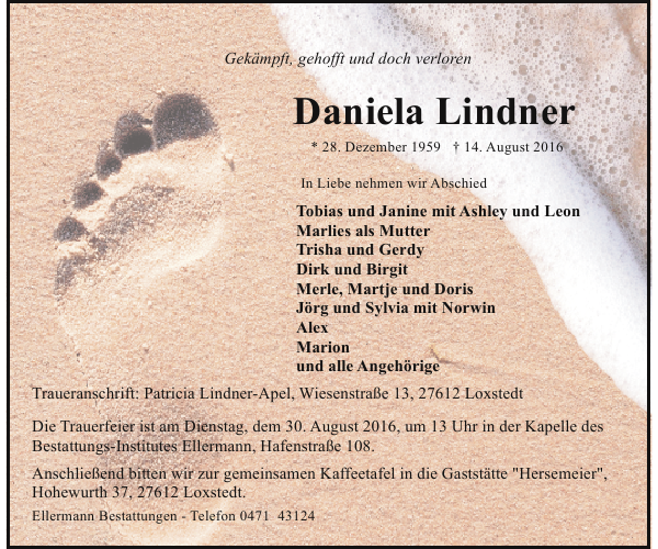 Daniela Lindner: Gedenken : Nordsee-Zeitung
