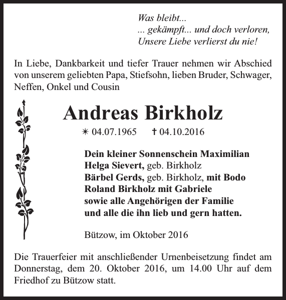 Andreas Birkholz Traueranzeige Bützower Zeitung