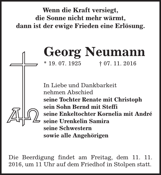 Georg Neumann : Traueranzeige : Sächsische Zeitung