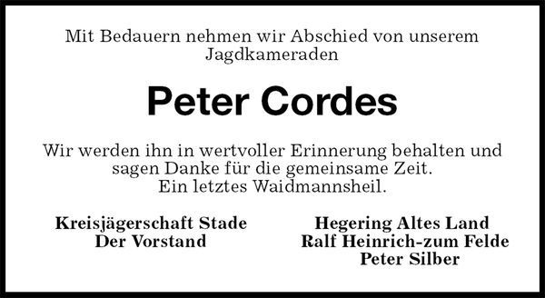 Peter Cordes : Nachruf : Stader Tageblatt