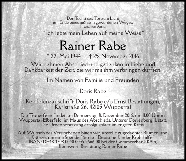 Rainer Rabe: Traueranzeige : Westdeutsche Zeitung Rainer Rabe: Traueranzeige : Westdeutsche Zeitung