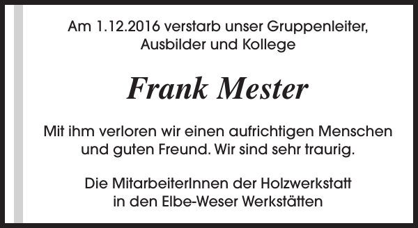Frank Mester: Nachruf : Nordsee-Zeitung