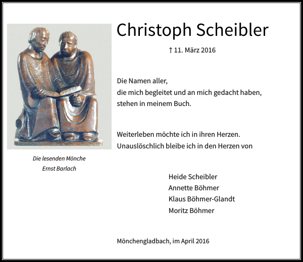 Christoph Scheibler: Traueranzeige : Westdeutsche Zeitung
