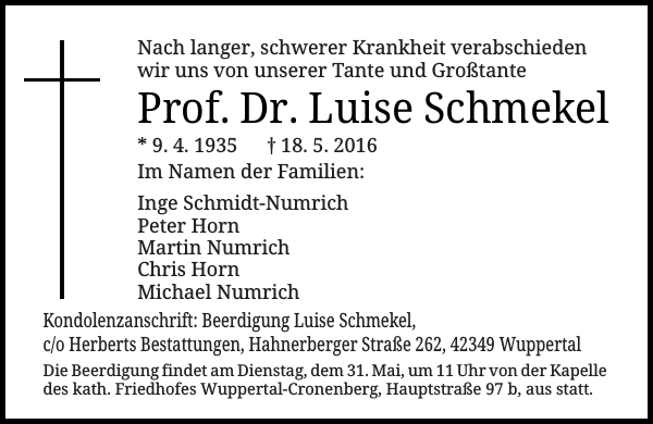 Prof. Dr. Luise Schmekel : Traueranzeige : Westdeutsche Zeitung