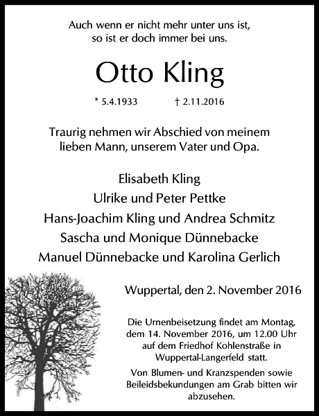 Otto Kling: Traueranzeige : Westdeutsche Zeitung
