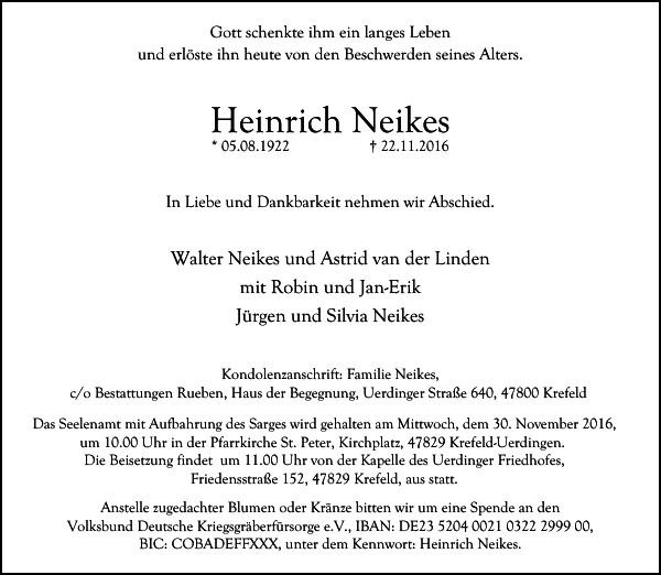 Heinrich Neikes: Traueranzeige : Westdeutsche Zeitung