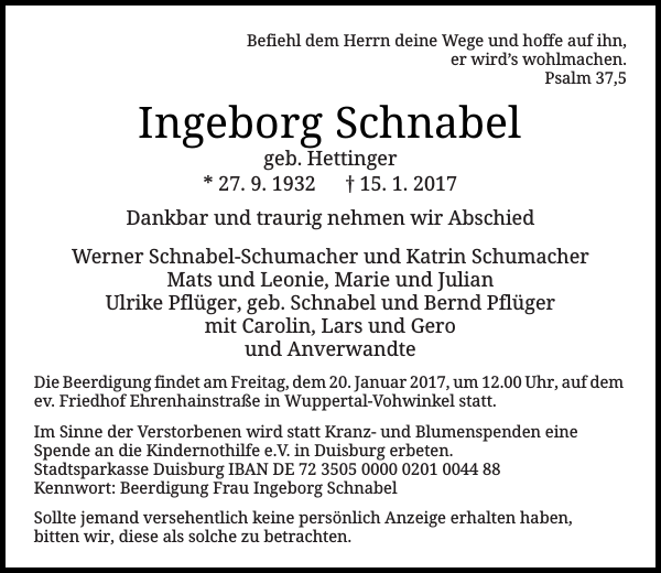 Ingeborg Schnabel: Traueranzeige : Westdeutsche Zeitung