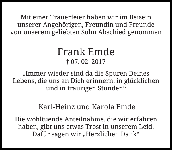 Frank Emde: Traueranzeige : Westdeutsche Zeitung