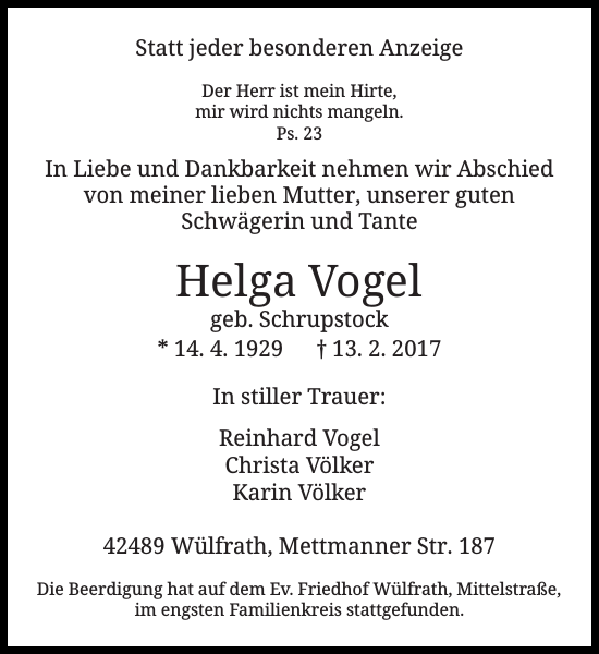 Helga Vogel: Traueranzeige : Westdeutsche Zeitung
