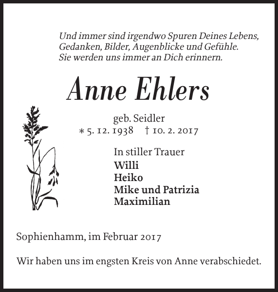 Anne Ehlers: Traueranzeige : Landeszeitung