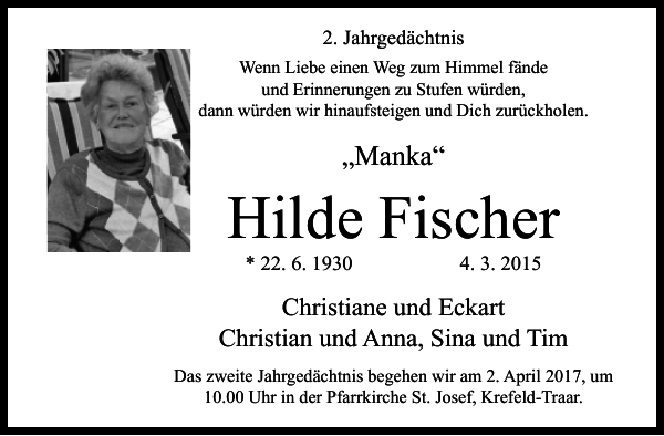 Hilde Fischer: Jahresgedenken : Westdeutsche Zeitung