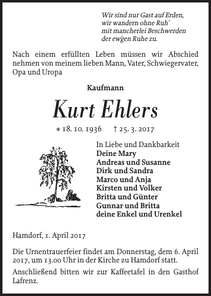 Kurt Ehlers: Traueranzeige : Landeszeitung