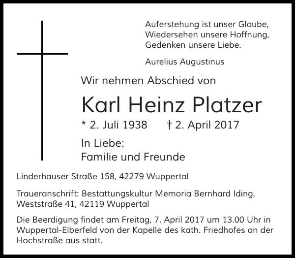Karl Heinz Platzer: Traueranzeige : Westdeutsche Zeitung