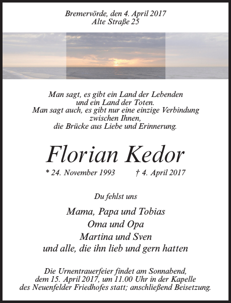 Florian Kedor: Traueranzeige : Bremervörder Zeitung