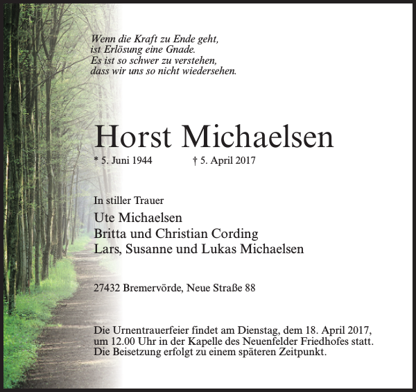 Horst Michaelsen : Traueranzeige : Bremervörder Zeitung