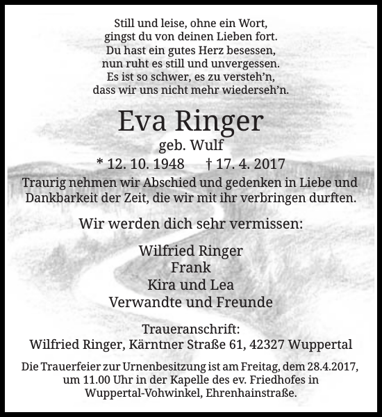 Eva Ringer: Traueranzeige : Westdeutsche Zeitung