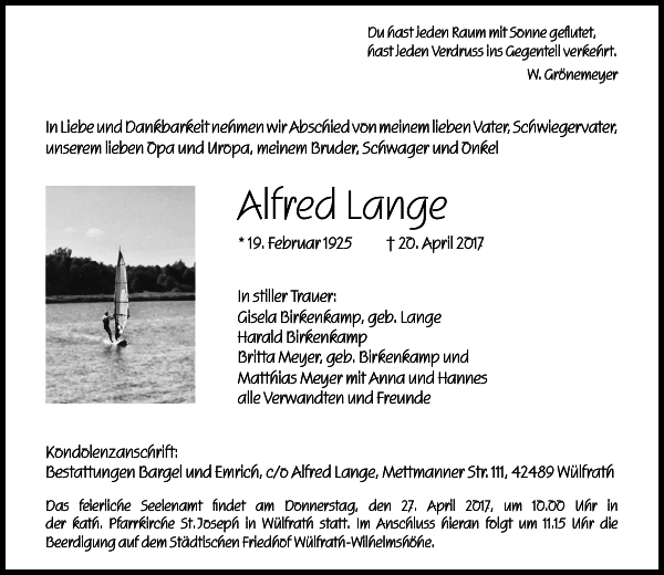 Alfred Lange: Traueranzeige : Westdeutsche Zeitung