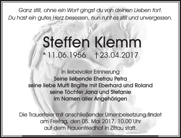 Steffen Klemm: Traueranzeige : Sächsische Zeitung Steffen Klemm: Traueranzeige : Sächsische Zeitung