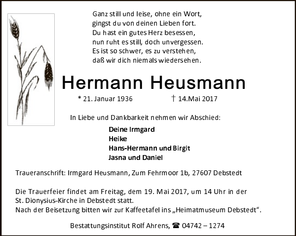 Hermann Heusmann: Gedenken : Nordsee-Zeitung