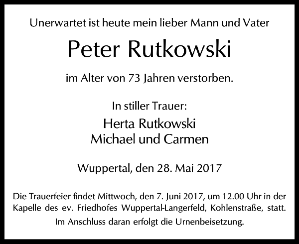 Peter Rutkowski: Traueranzeige : Westdeutsche Zeitung