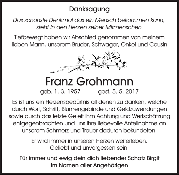 Franz Grohmann : Danksagung : Sächsische Zeitung