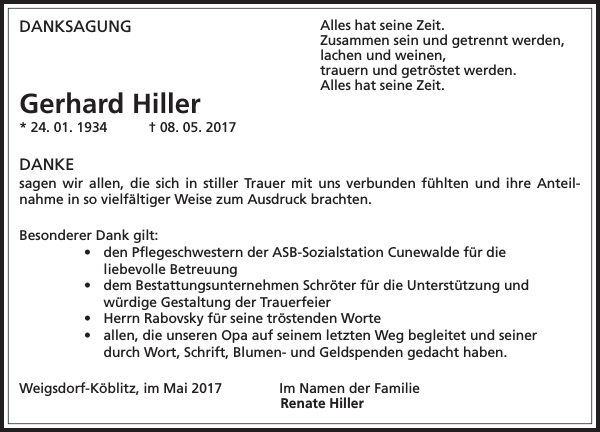 Gerhard Hiller : Danksagung : Sächsische Zeitung