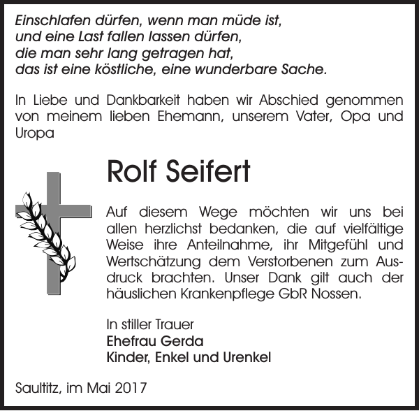 Rolf Seifert : Danksagung : Sächsische Zeitung
