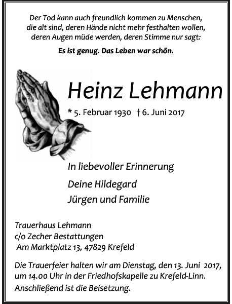 Heinz Lehmann: Traueranzeige : Westdeutsche Zeitung
