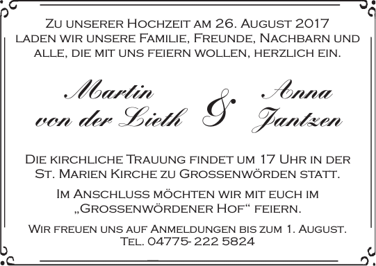 Martin von der Lieth und Anna Jantzen: Hochzeit : Stader Tageblatt