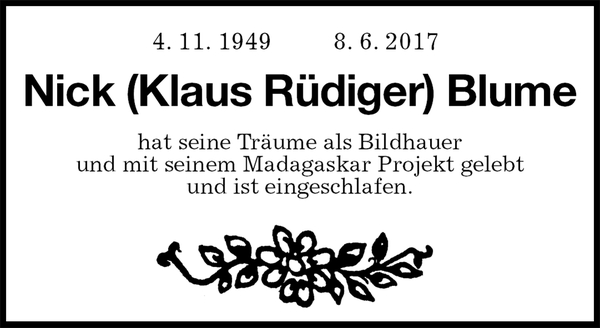 Nick Blume: Traueranzeige : Stader Tageblatt
