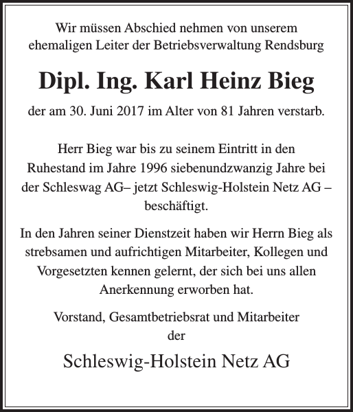 Dipl. Ing. Karl Heinz Bieg: Gedenken : Landeszeitung Dipl. Ing. Karl Heinz Bieg: Gedenken : Landeszeitung
