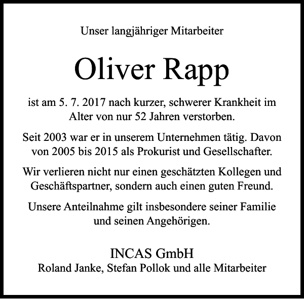 Oliver Rapp: Nachruf : Westdeutsche Zeitung